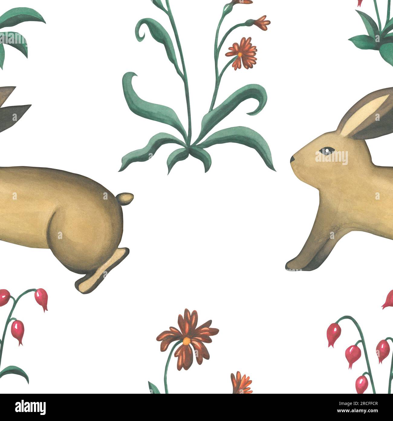 Hand-drawn watercolor illustration of a rabbit with flowers. Seamless ...
