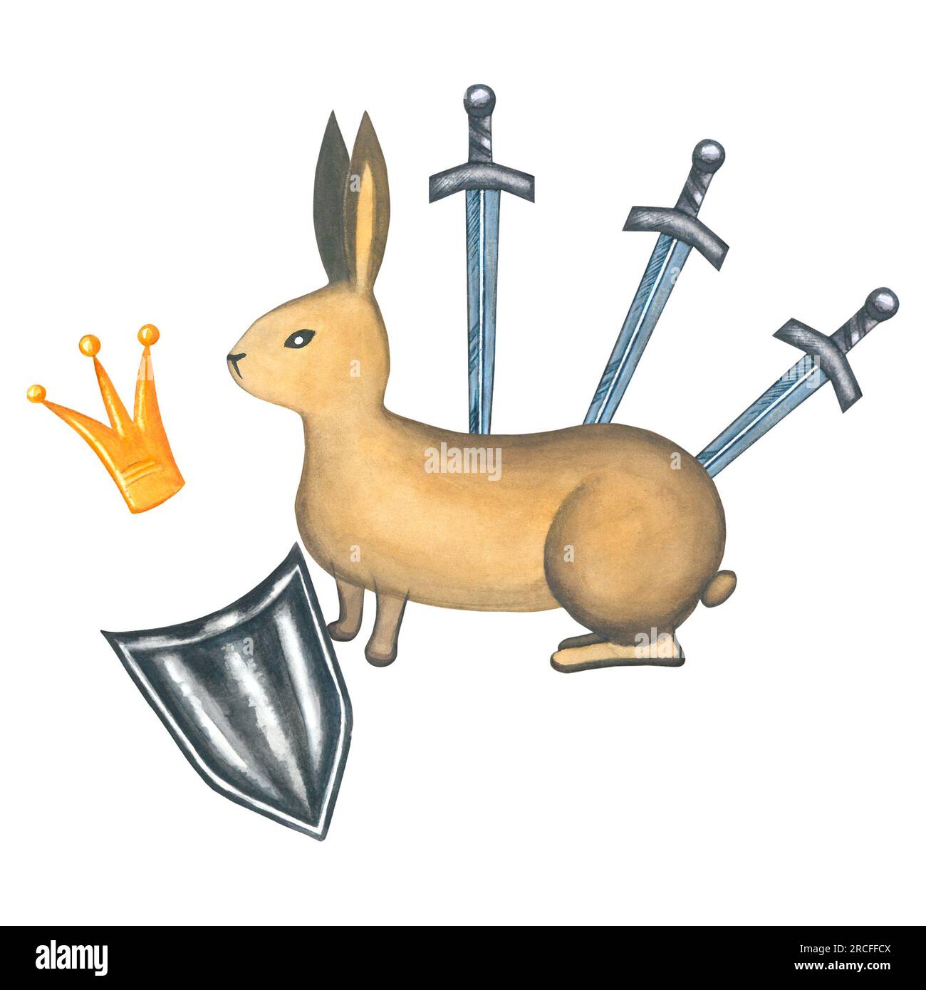 Watercolor composition of a rabbit, shield, crown and swords on a white ...