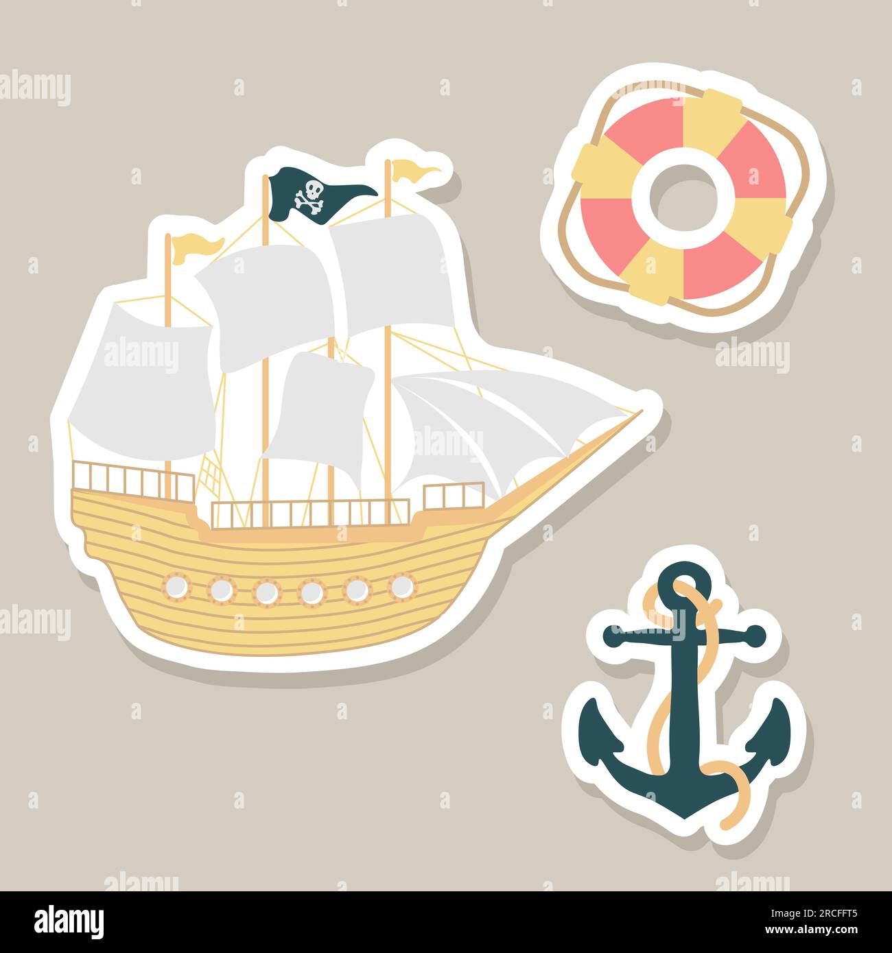 Cute vector stickers set with ship, lifebuoy, anchor.Underwater cartoon ...