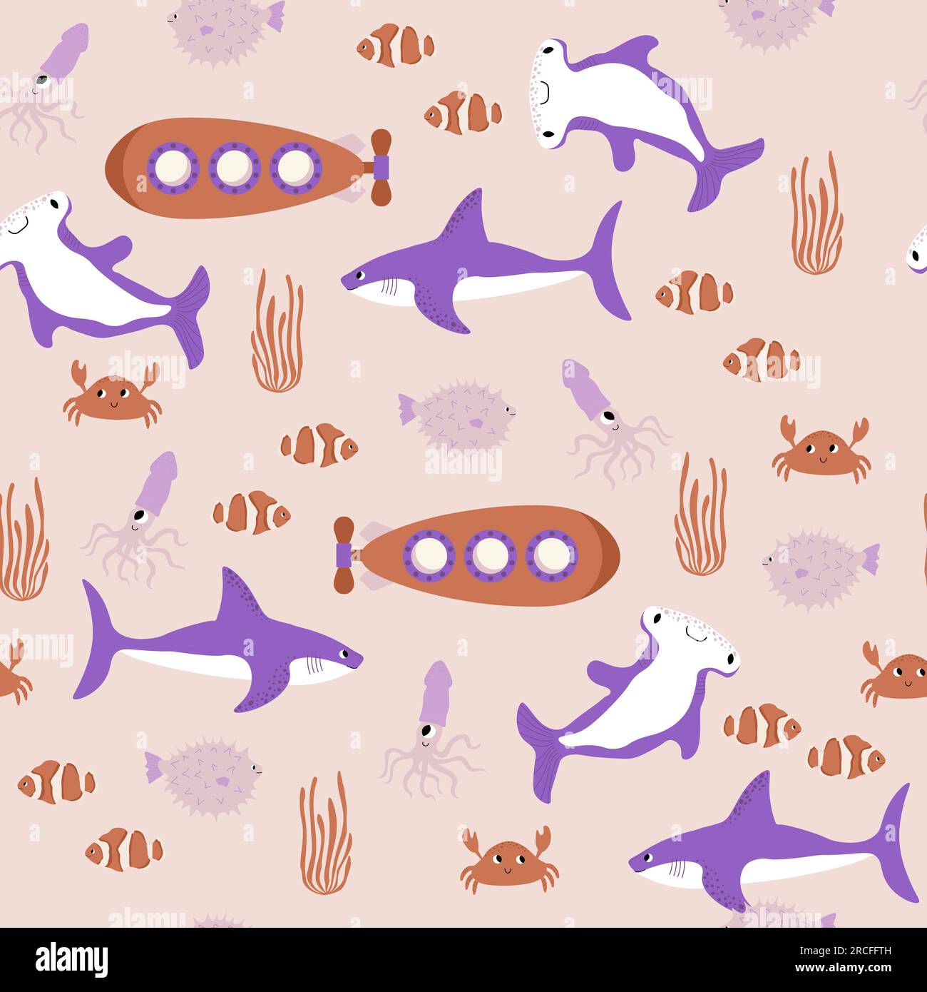 Vector seamless pattern with shark,submarine,crab,squid,hammerhead fish ...