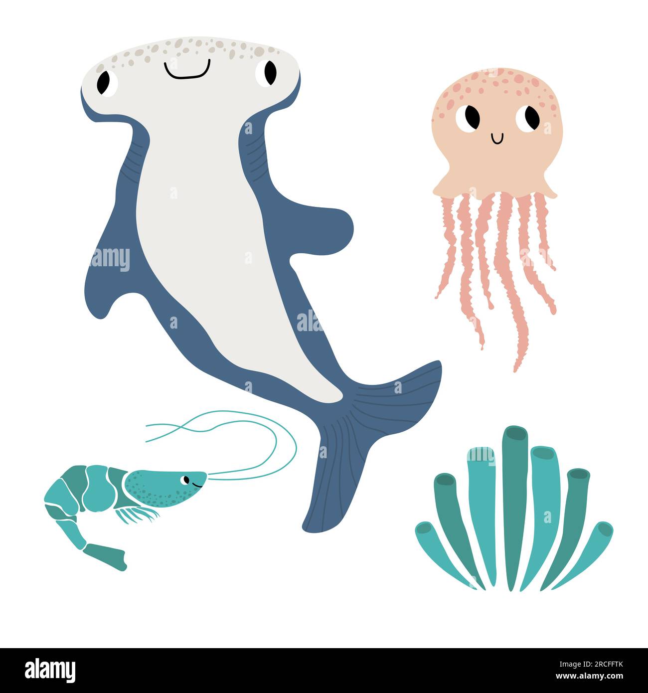 Cute vector ocean set with hammerhead fish, jellyfish, shrimp, algae ...