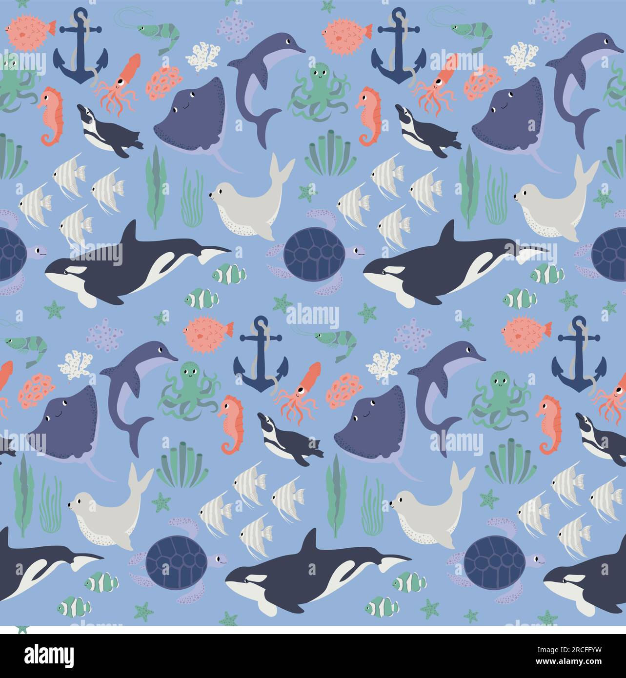 Vector seamless pattern with devil fish,orca,turtle,octopus,shrimp ...
