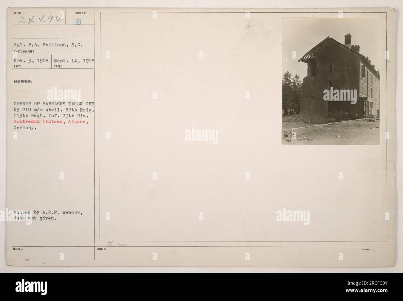 Damage caused to a corner of the barracks by a 210mm shell in Montreaux ...