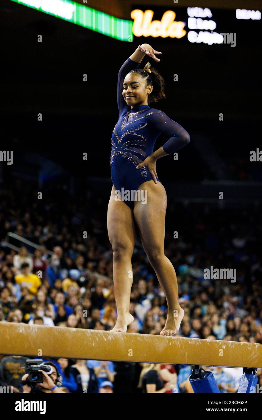 UCLA Bruins Selena Harris competes on balance beam against Iowa State ...