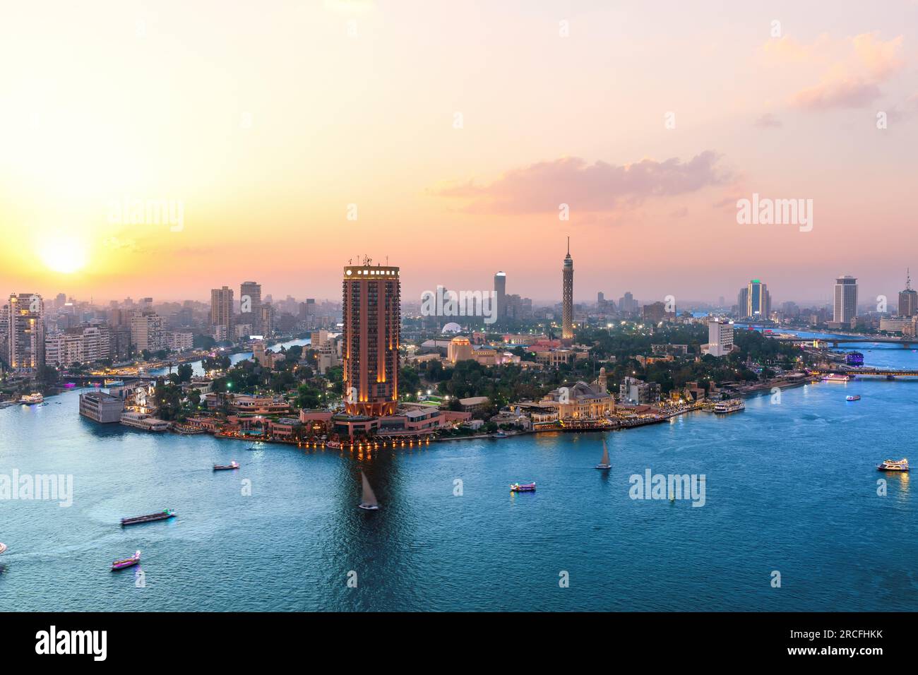 Cairo aerial panorama, the Nile with modern buildings, sunset view ...