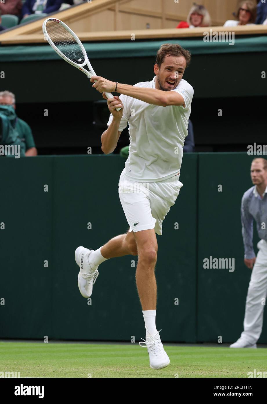 London, UK. 14th July, 2023. Russian Daniil Medvedev plays a backhand ...