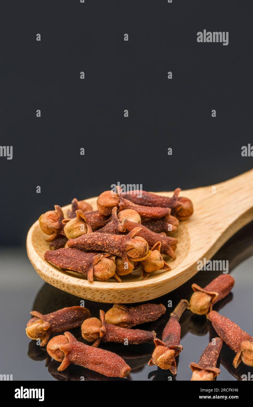 Dried Cloves / Syzygium aromaticum on small bamboo spoon on reflective black background. For ...