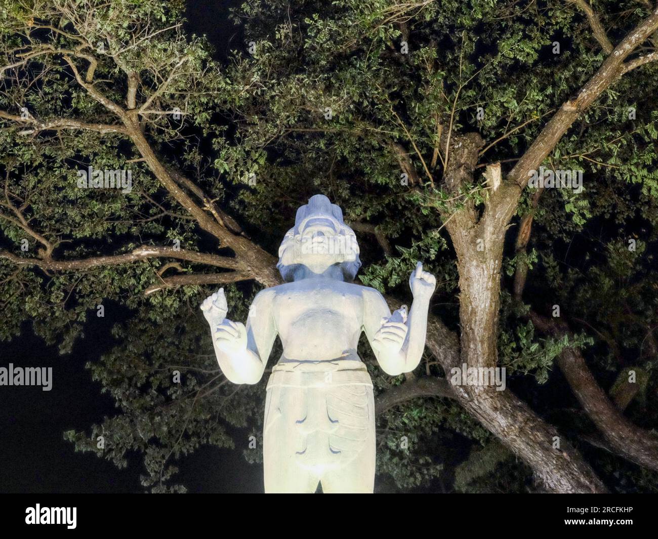 Sculptural image of a many-faced and many-armed deity near a tree ...