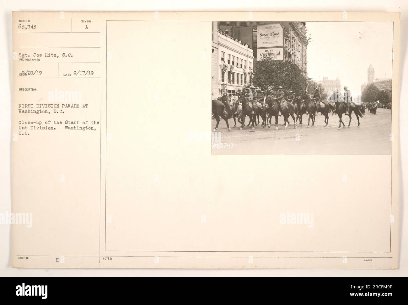 Close-up of the staff of the 1st Division during a parade in Washington ...