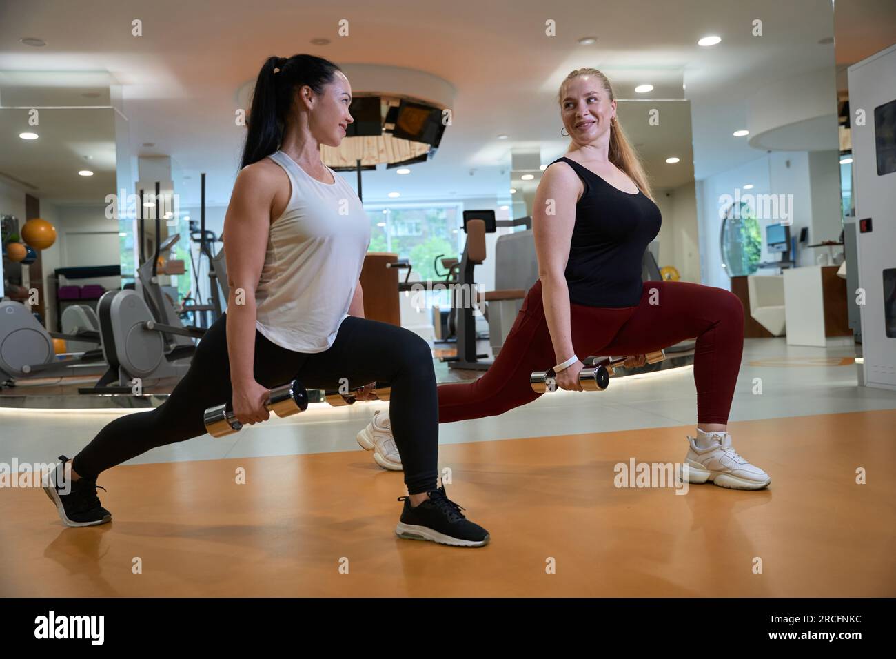 Two ladies are exercising with dumbbells in the gym Stock Photo - Alamy