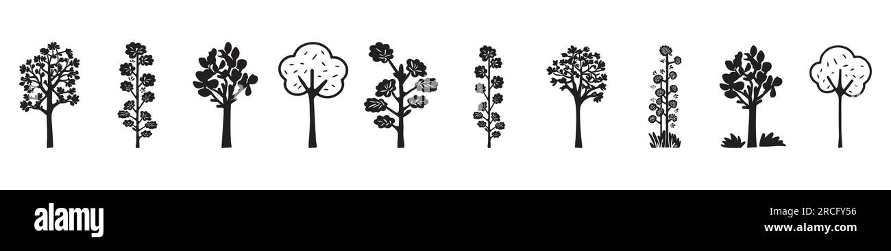 Quirky woodland tree scandi linocut vector border. Washi tape design in ...