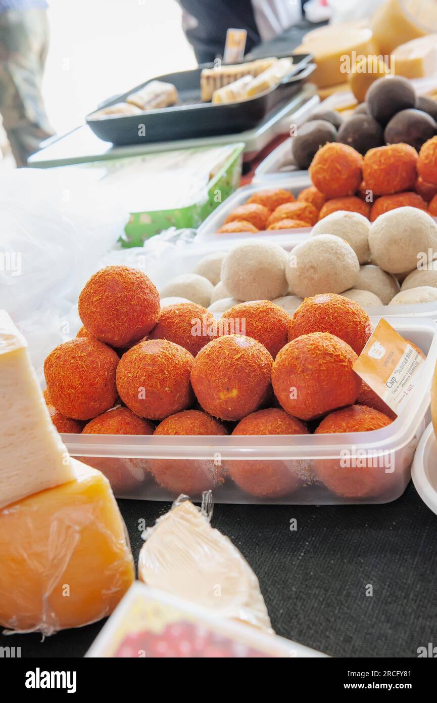 Cheeses of Russian cheese makers. Belper knoll cheese at the farm ...