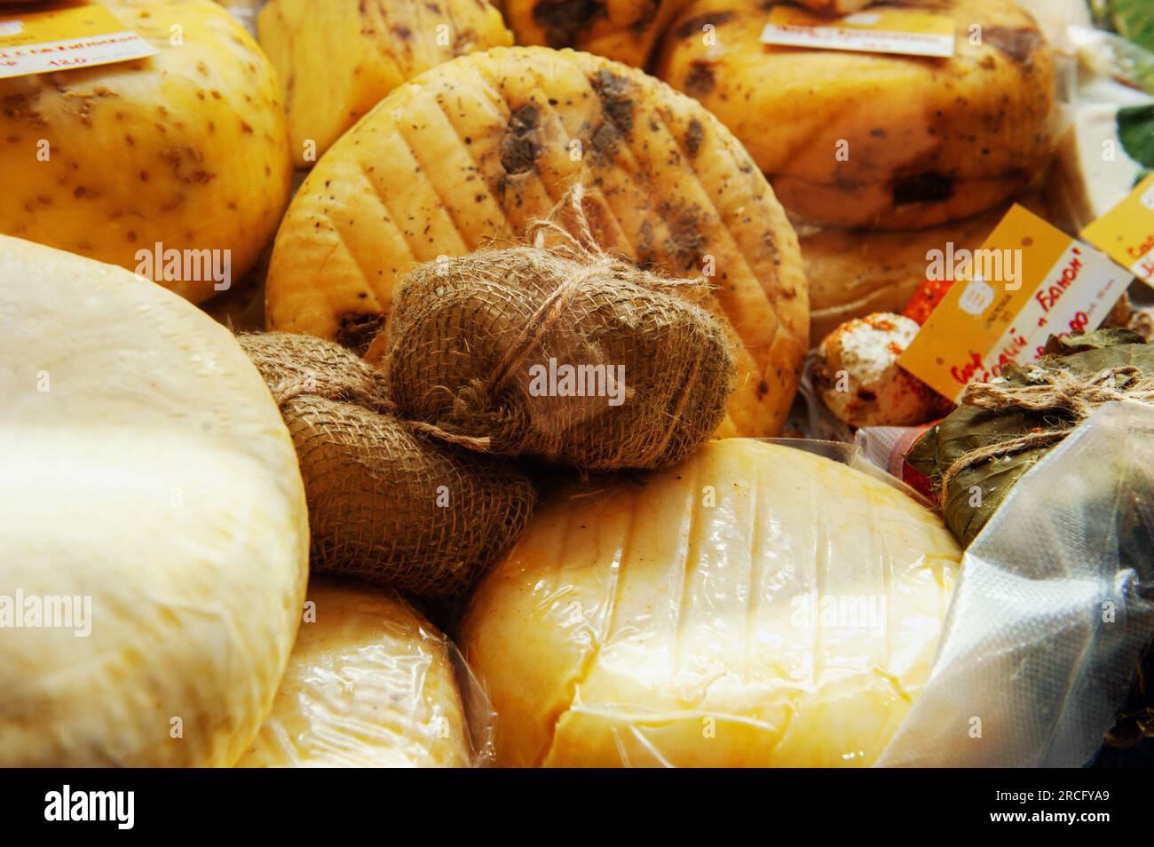 Sale of cheese of different varieties at the farm fair. Cheese from ...