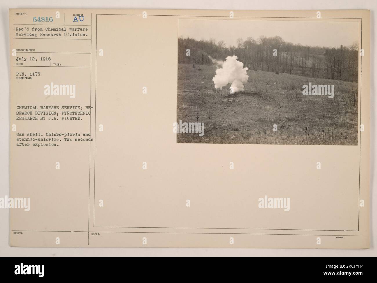 Photograph taken on July 12, 1918, showing a gas shell explosion during ...