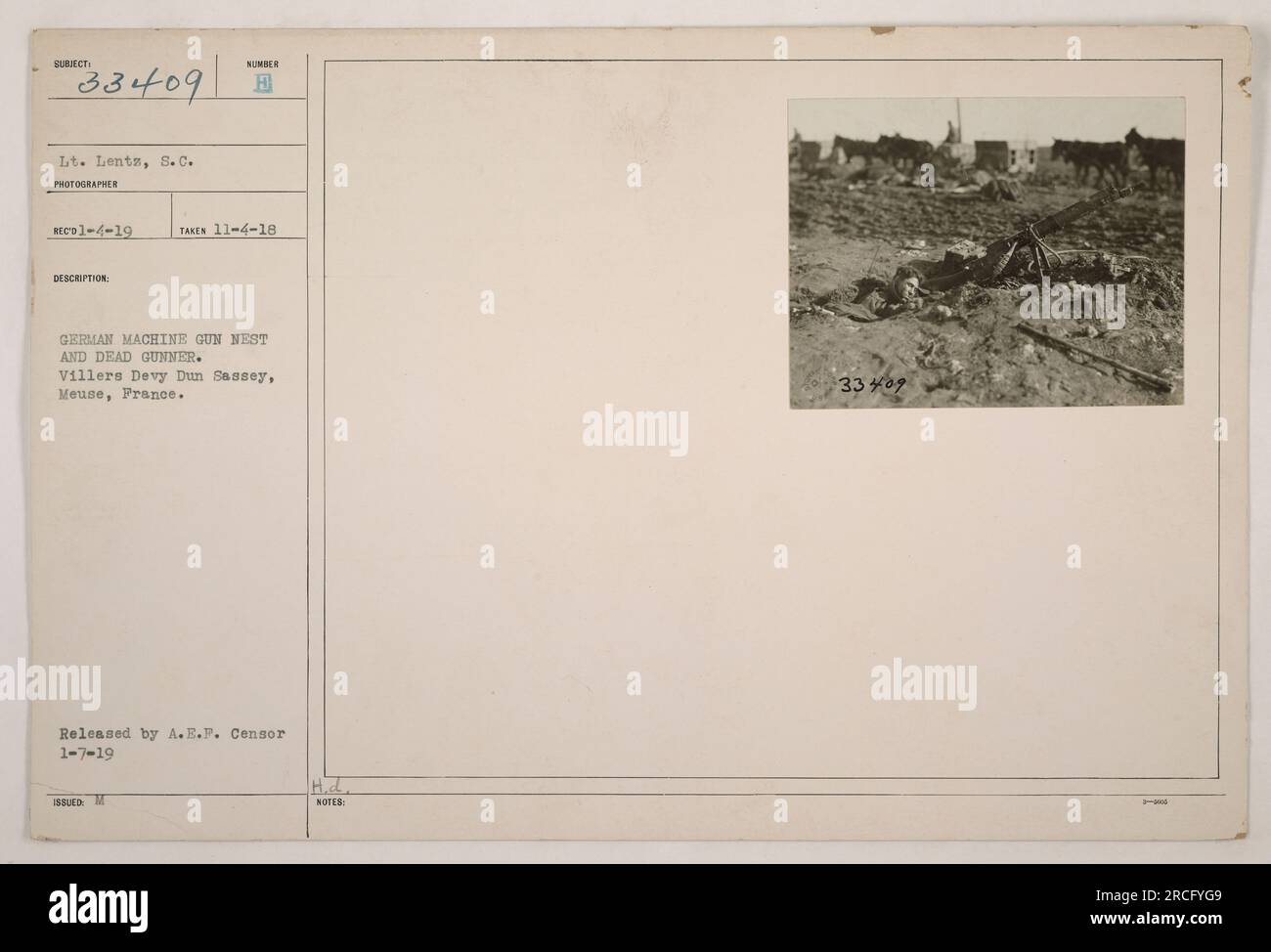 A photograph taken on November 4, 1918, shows a German machine gun nest ...