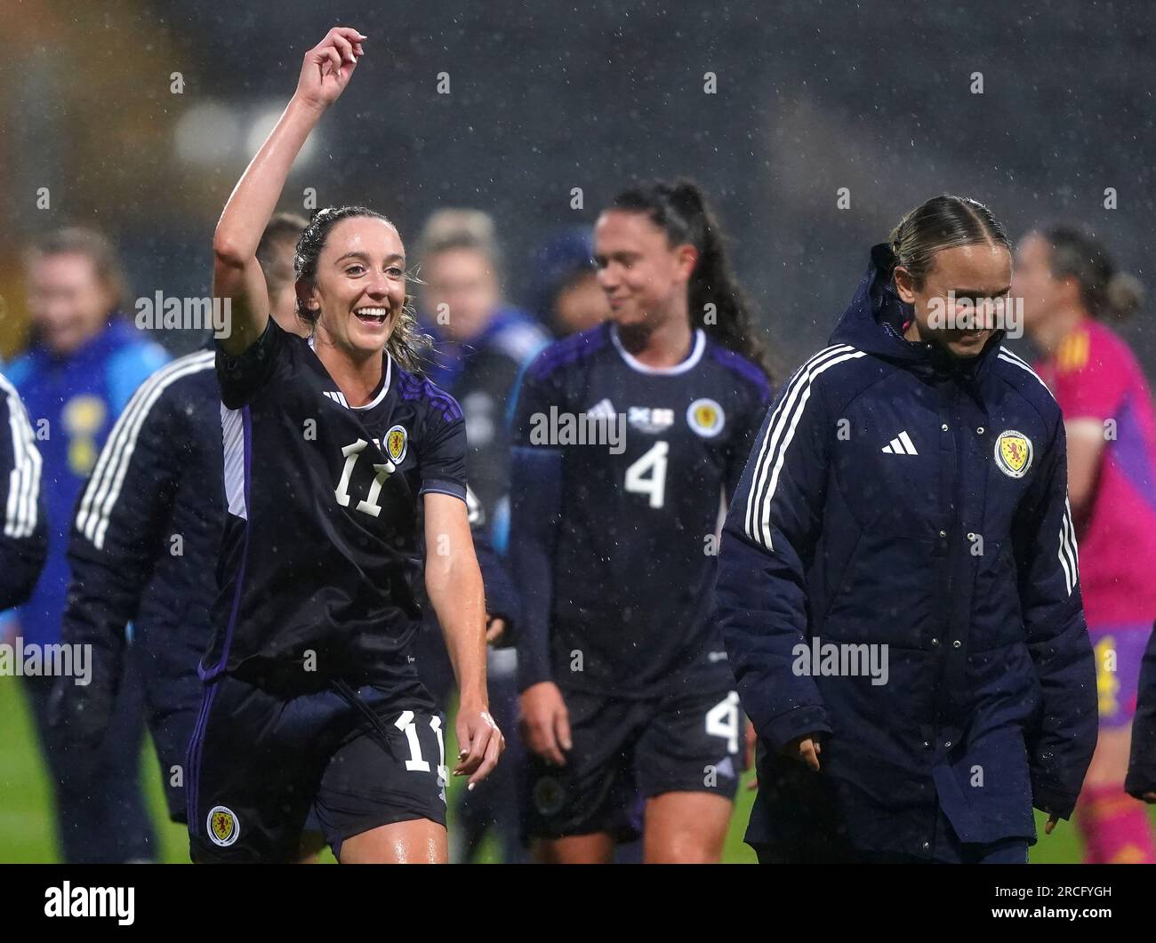 Scotland's Lisa Evans (left) celebrates following the women's friendly ...