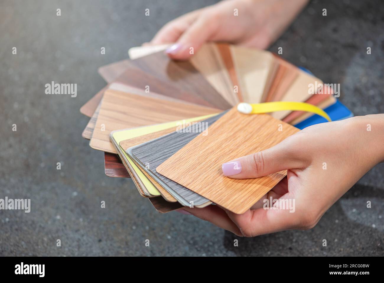 Samples of laminate imitating wood. Woman designer chooses samples of ...