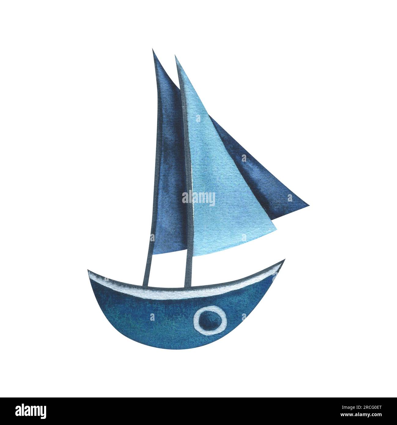 Nice blue boat with sails. Hand-drawn watercolor illustration in ...