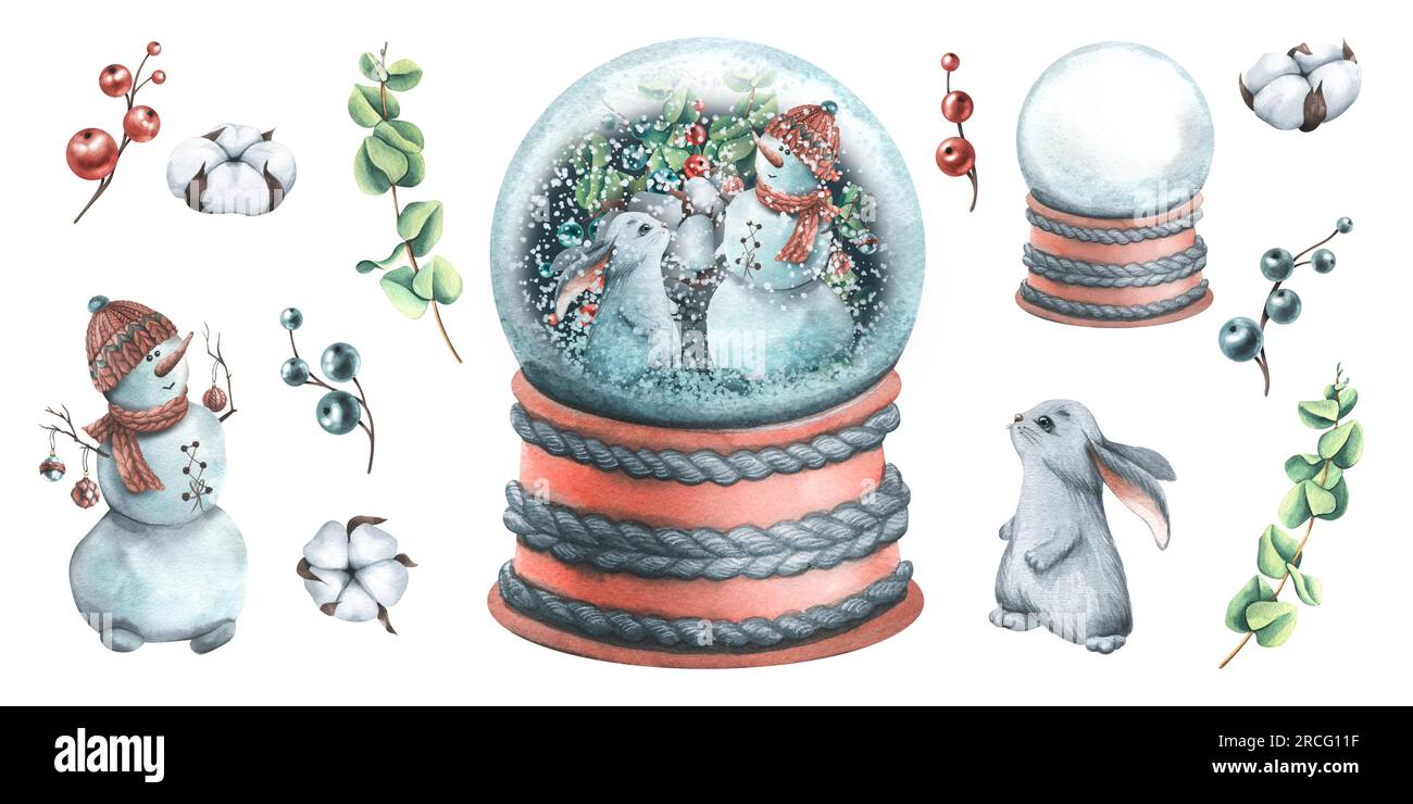 Snow glass ball with snow, a snowman and a rabbit inside. Watercolor ...