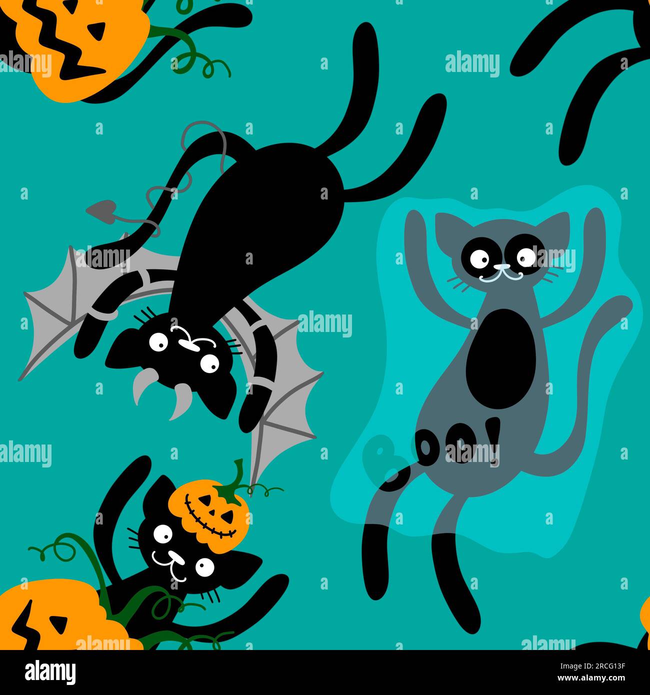 Halloween cartoon cats seamless pumpkins and ghost and monsters vampire ...