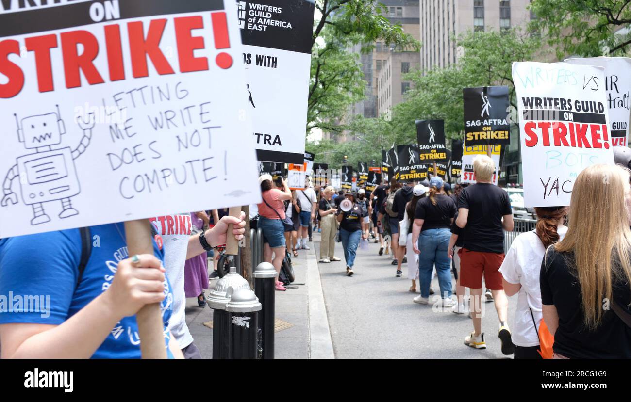 New York, USA. 14th July, 2023. Members of the SAG-AFTRA union protest ...