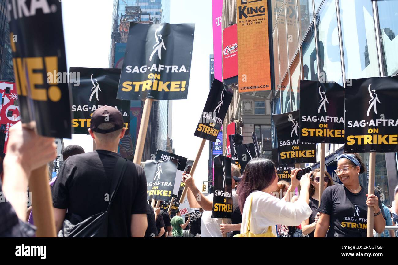 New York, USA. 14th July, 2023. Members of the SAG-AFTRA union protest ...