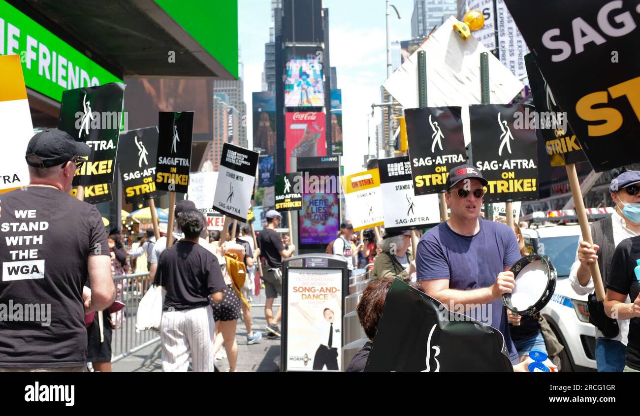 New York, USA. 14th July, 2023. Members of the SAG-AFTRA union protest ...