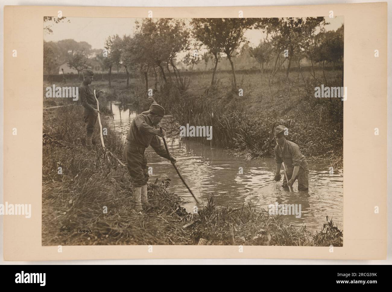 Soldiers participating in training exercises during World War One. The image shows a group of ...