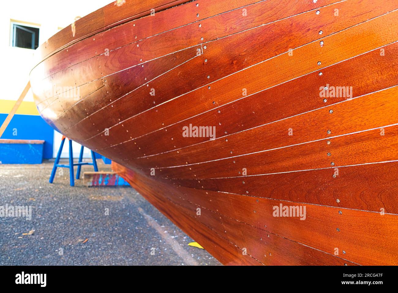Small wooden boat construction details, starboard topside planking ...