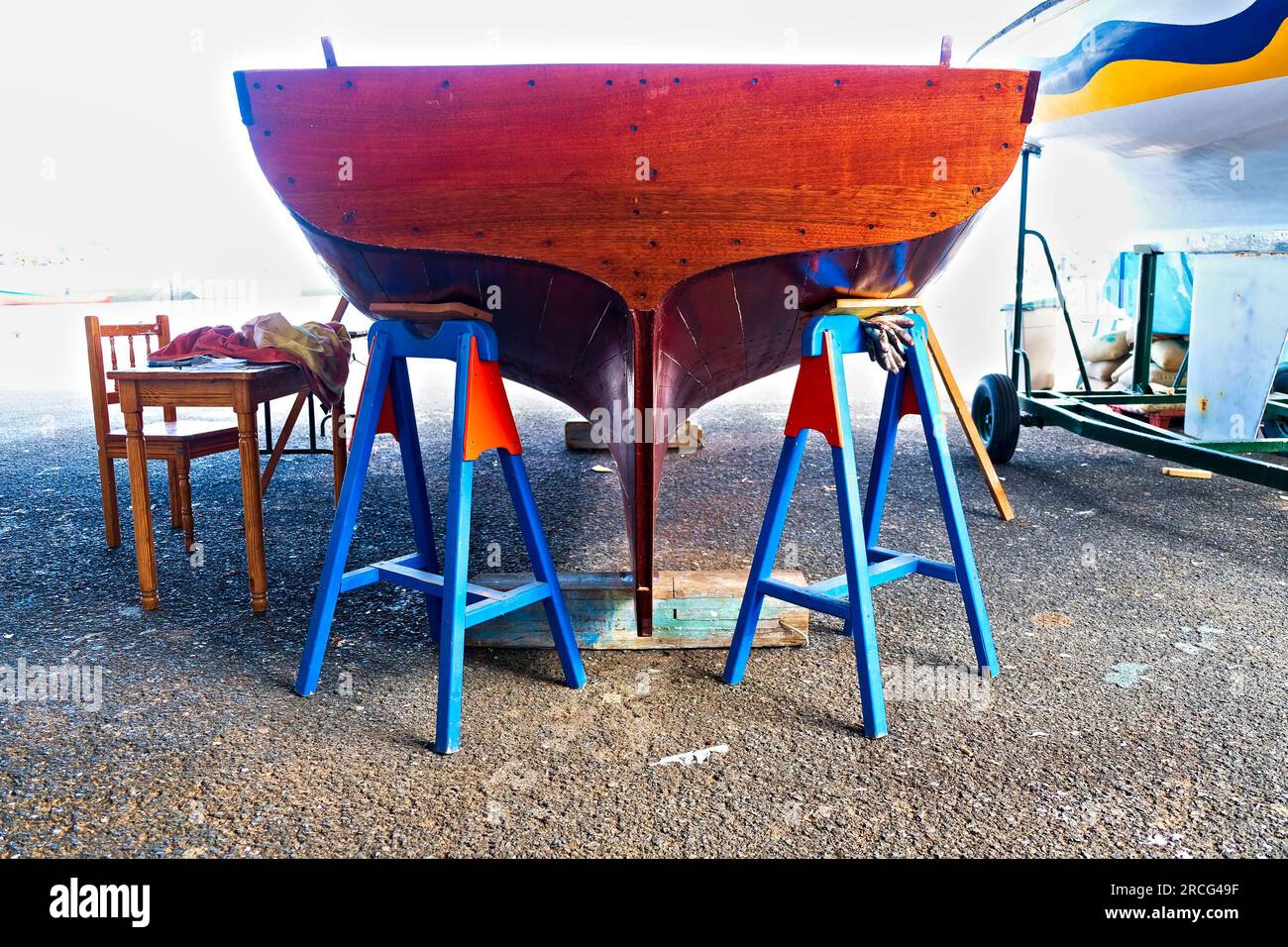 Small wooden boat construction details - stern detail Stock Photo - Alamy