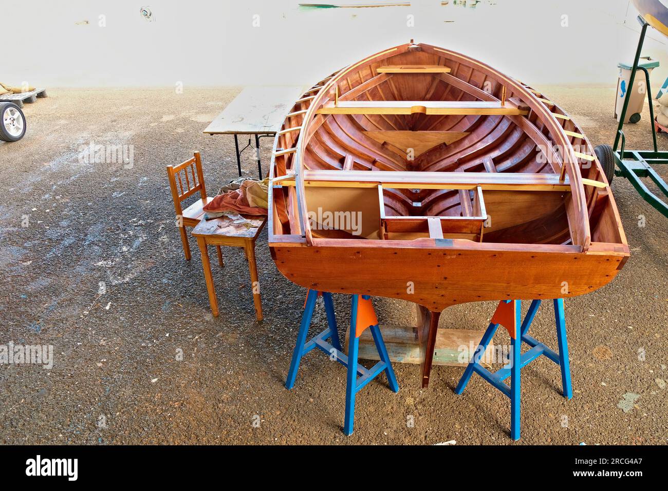 Small wooden boat construction details - full view from starn Stock ...