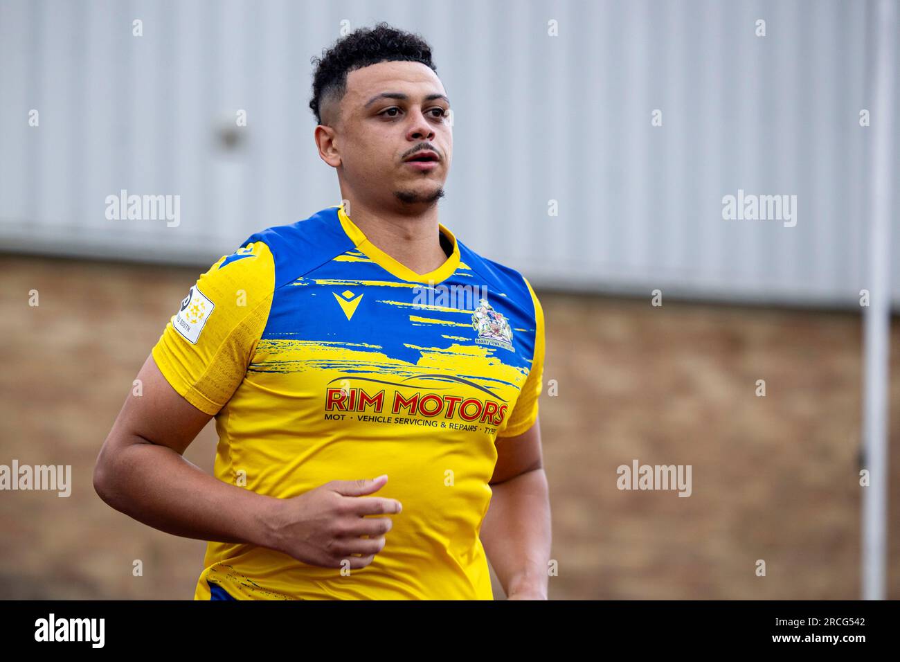 Barry, UK. 14th July, 2023. Callum Saint of Barry Town ahead of kick ...