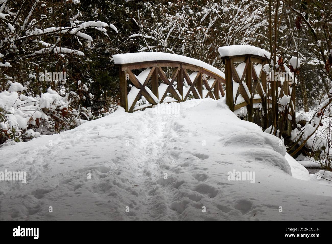 Footprints in the snow lead to a snowy bridge Stock Photo - Alamy