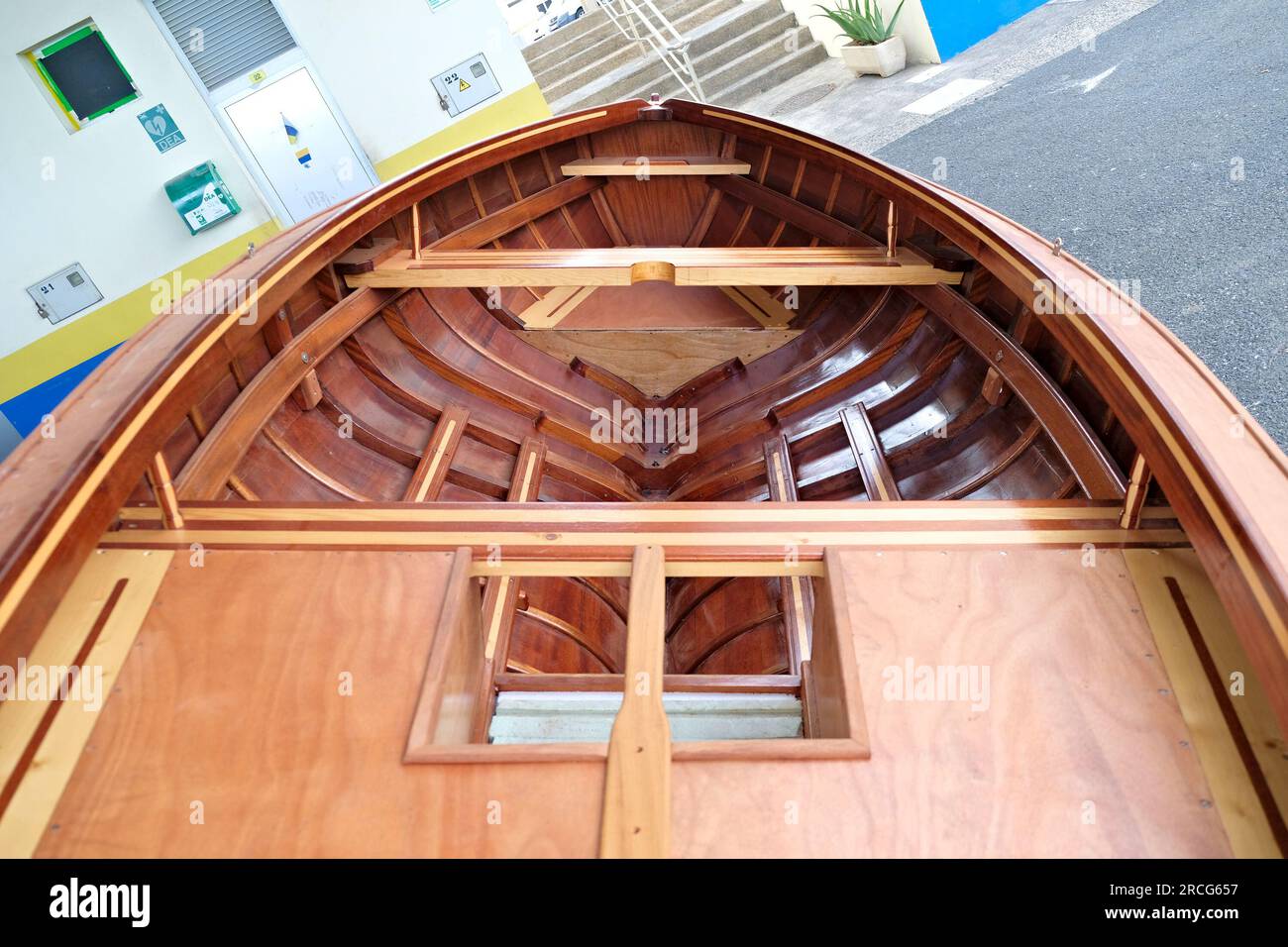 Cockpit of a newly built small classic wooden racing boat Stock Photo ...