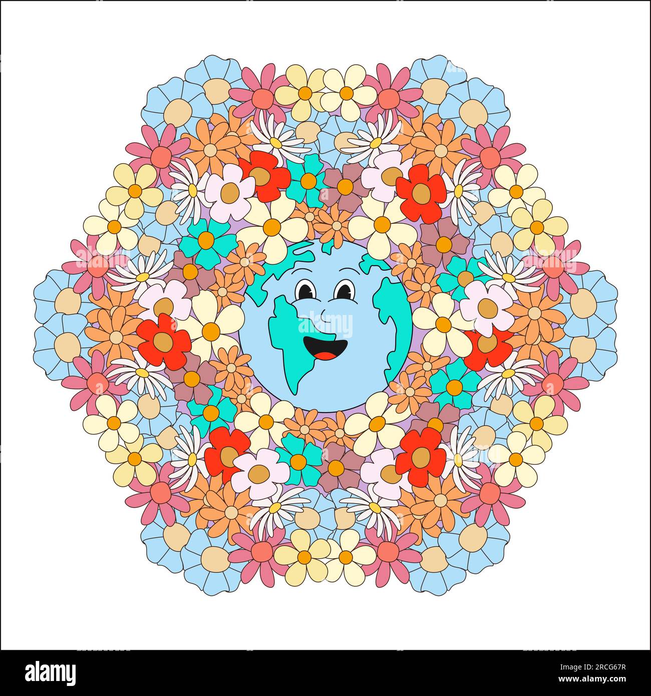 Funny planet and Flower arrangement in trendy retro cartoon style Earth ...