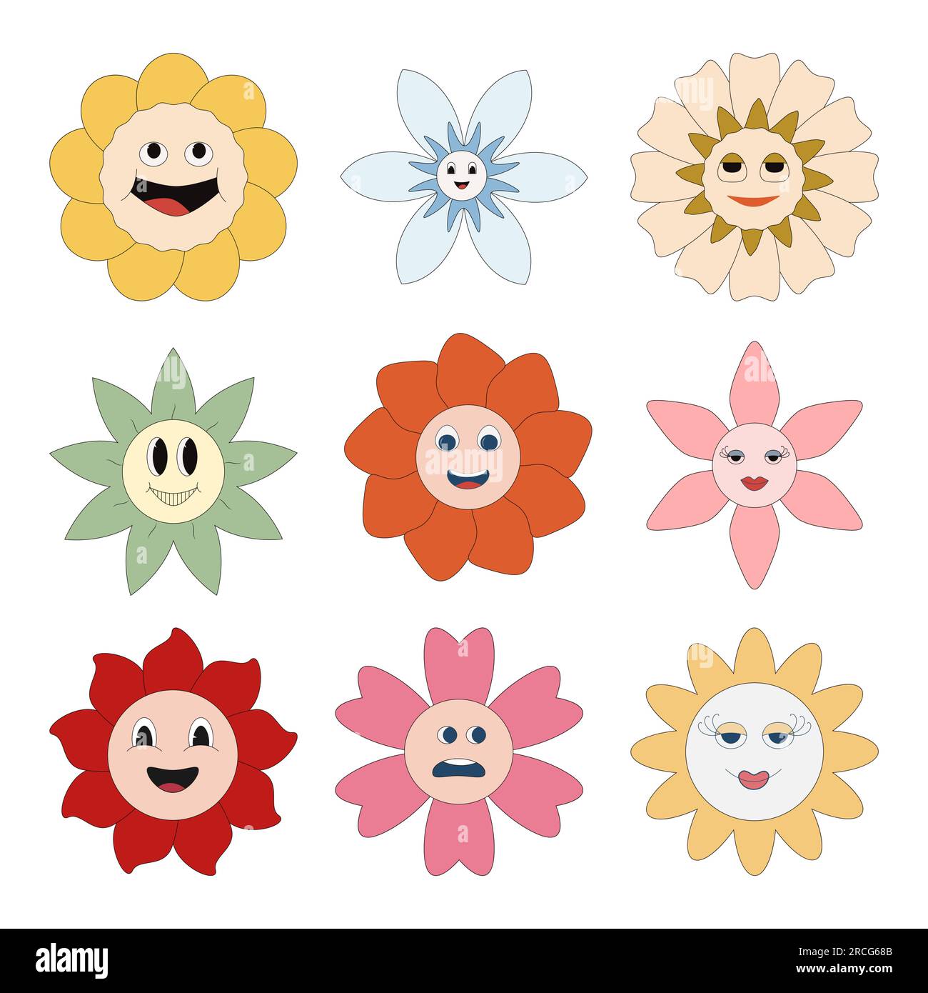 Funny retro different flowers collection. Different emotions. Groovy ...