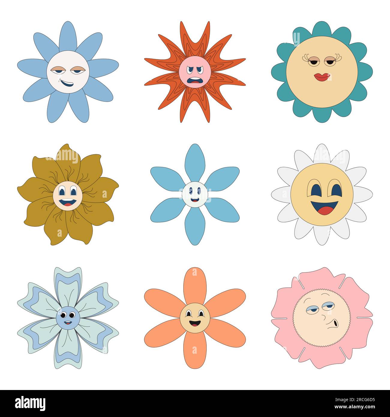 Funny retro different flowers collection. Different emotions. Groovy ...