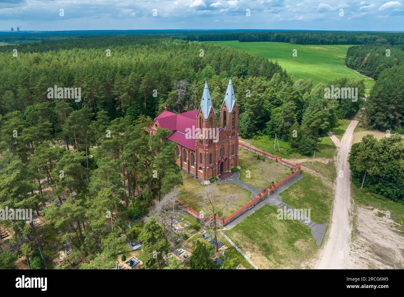aerial view on neo gothic or baroque temple or catholic church in ...