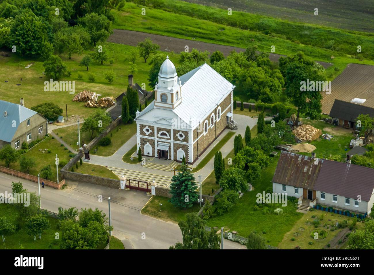 aerial view on neo gothic or baroque temple or catholic church in ...