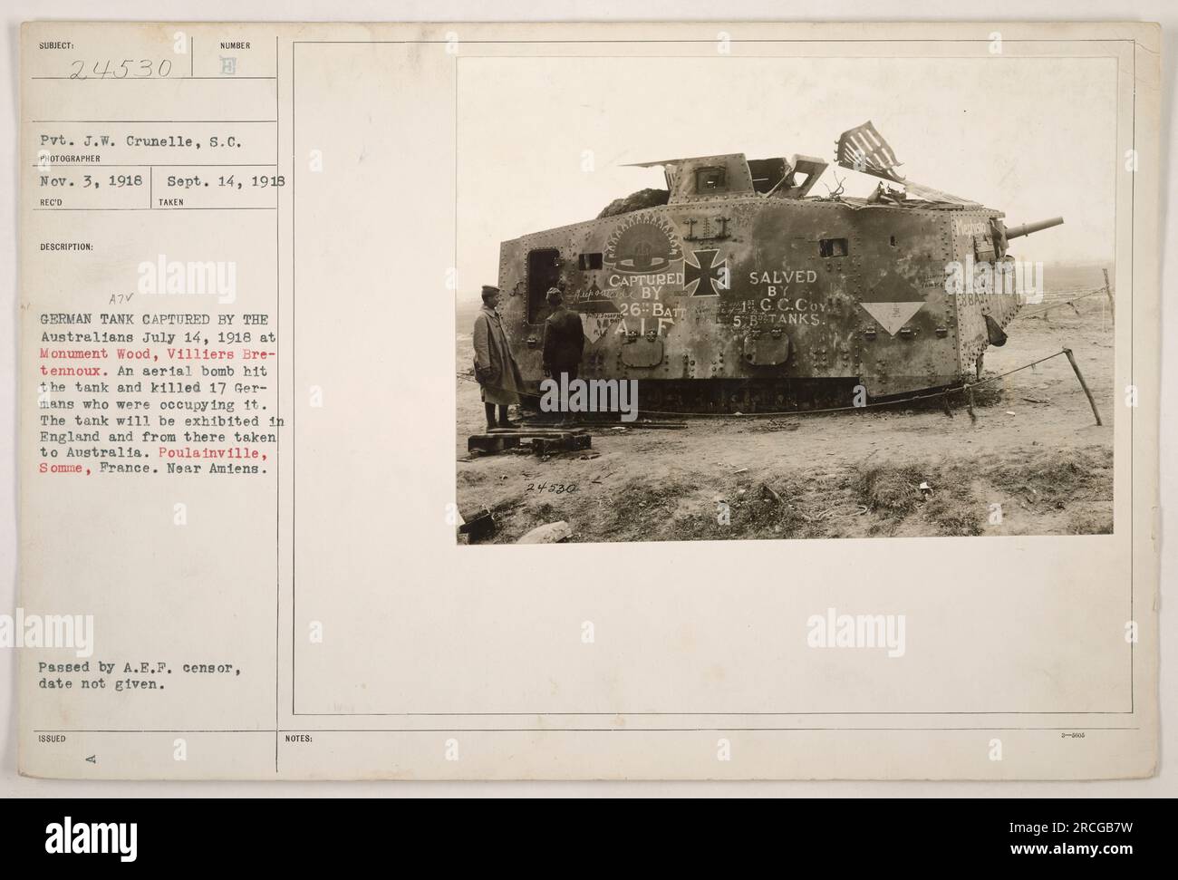 "German Tank captured by Australians on July 14, 1918 at Monument Wood ...