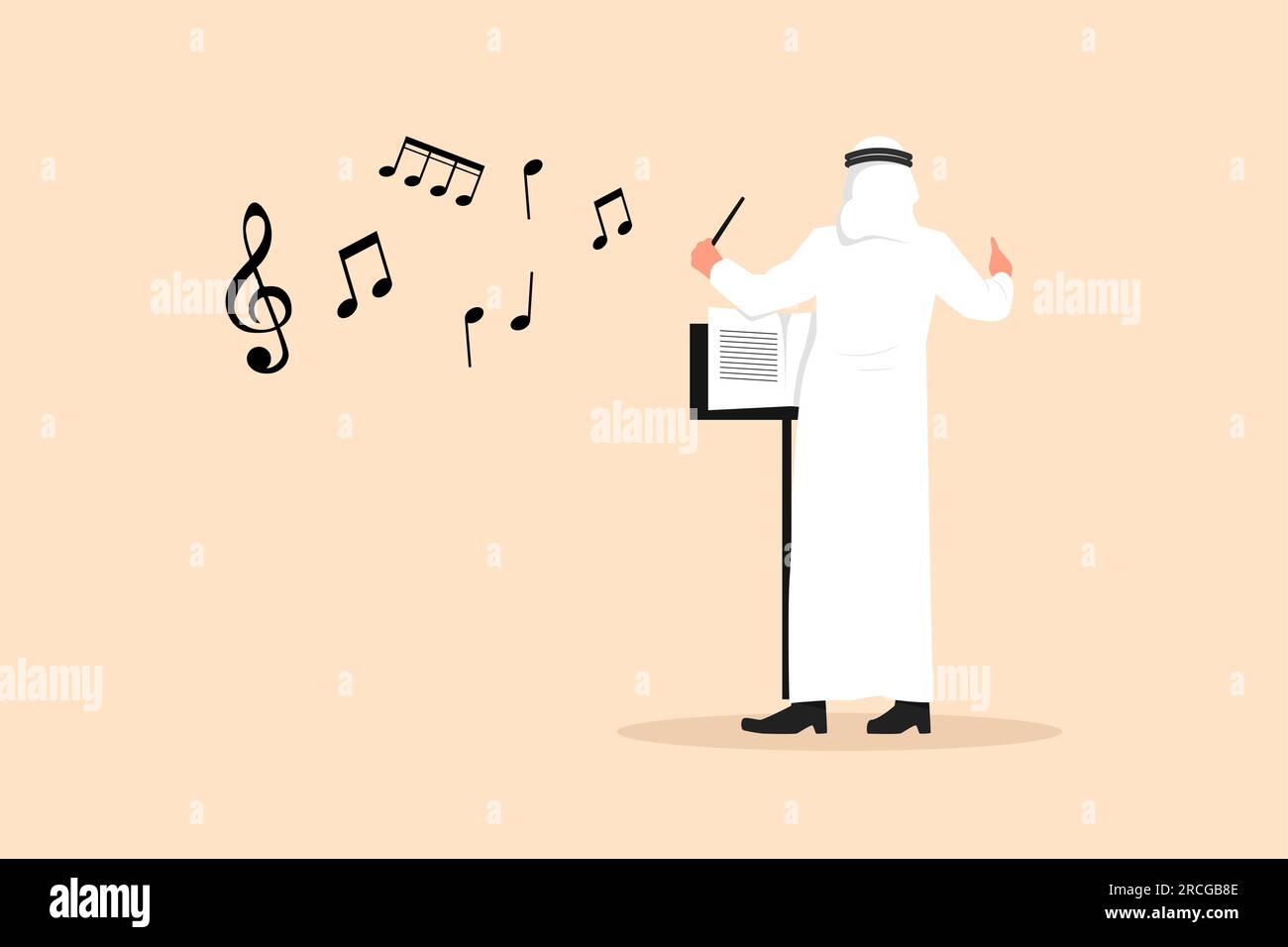 Business flat drawing back view of Arabian man conductor standing and ...