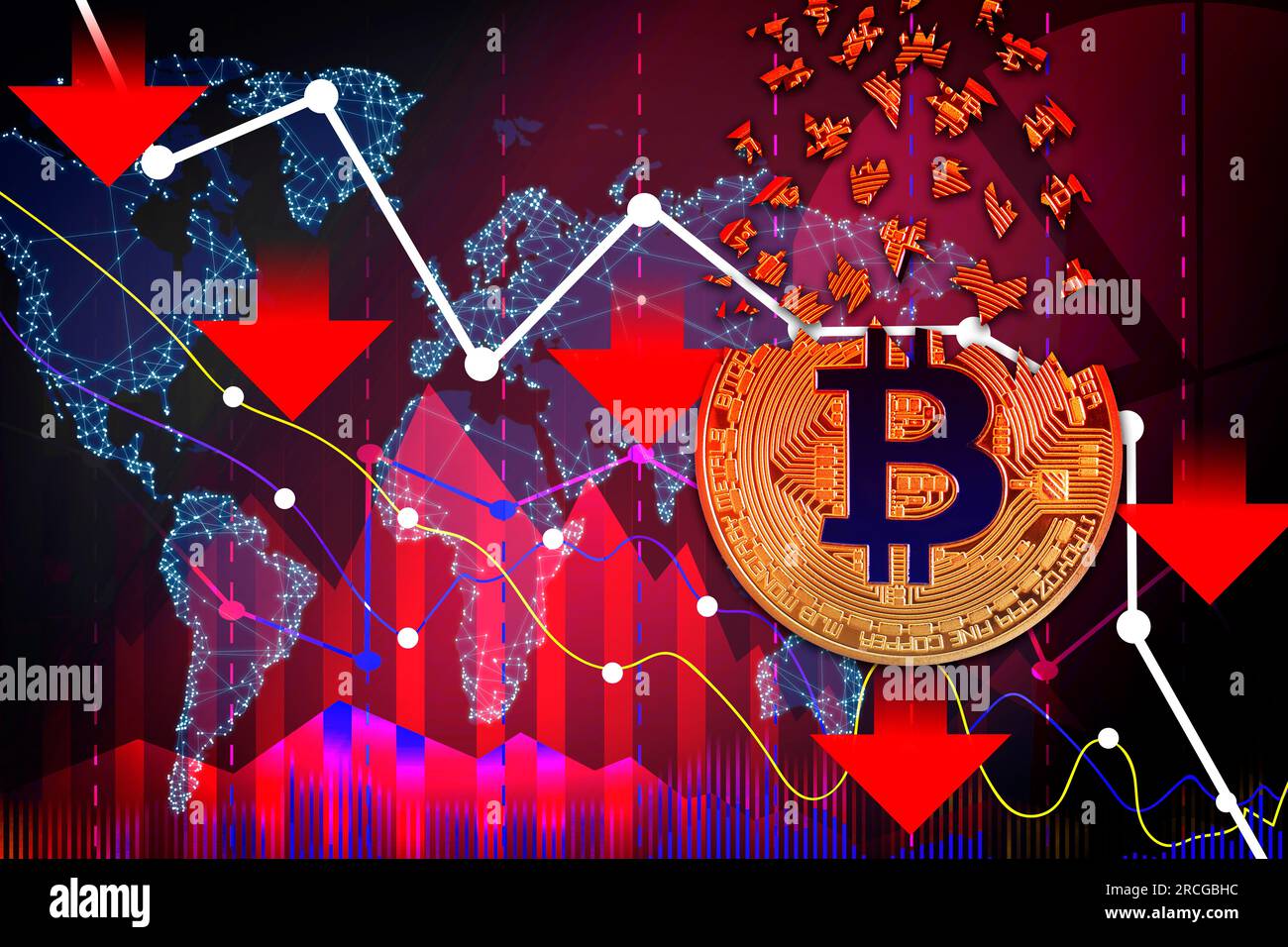 Cryptocurrency collapse. Collage with bitcoin, digital world map and data charts Stock Photo - Alamy