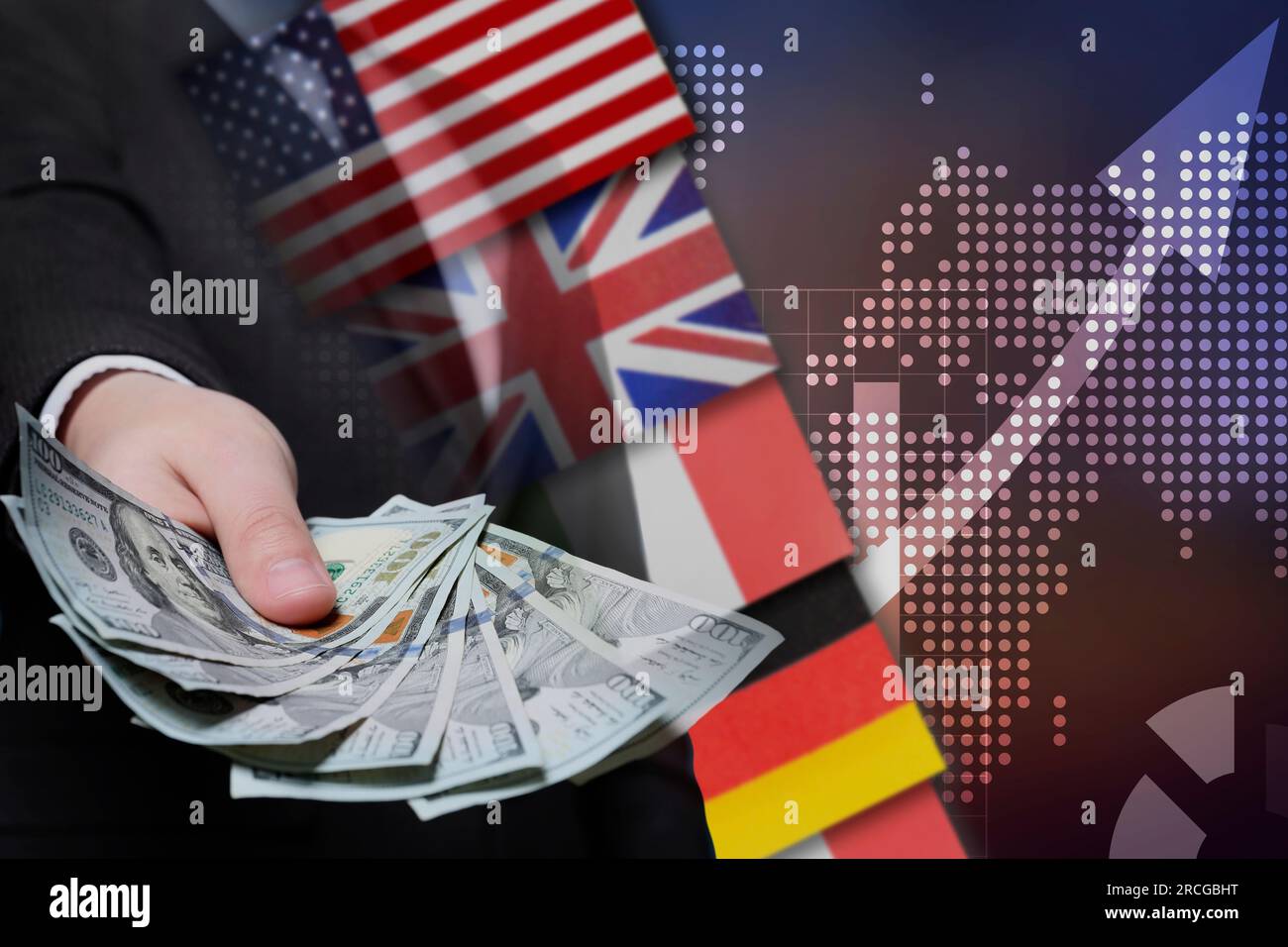 Foreign exchange market. Double exposure of man holding money, digital ...