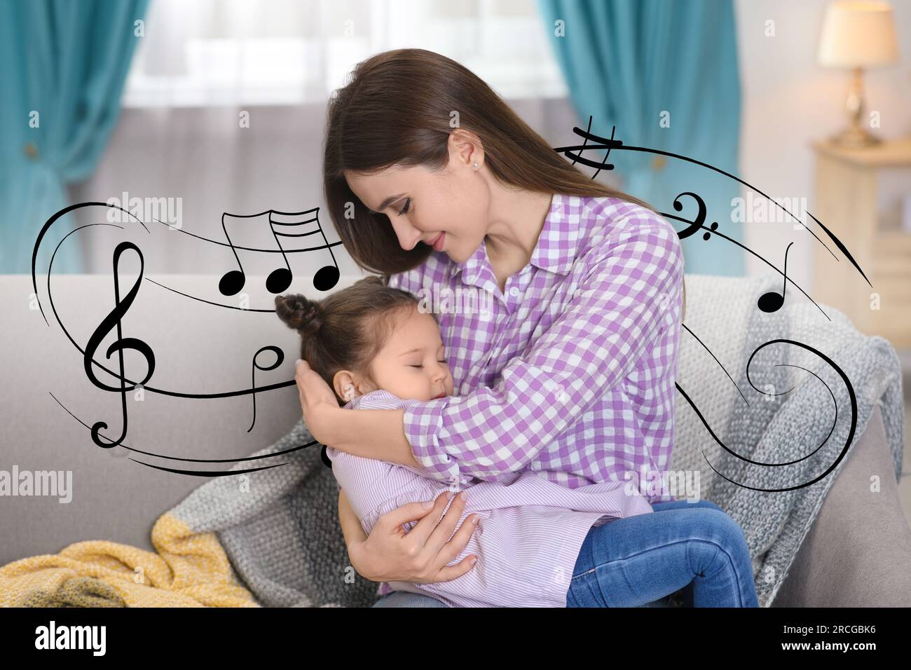 Mother singing lullaby to her sleepy daughter at home. Illustration of ...