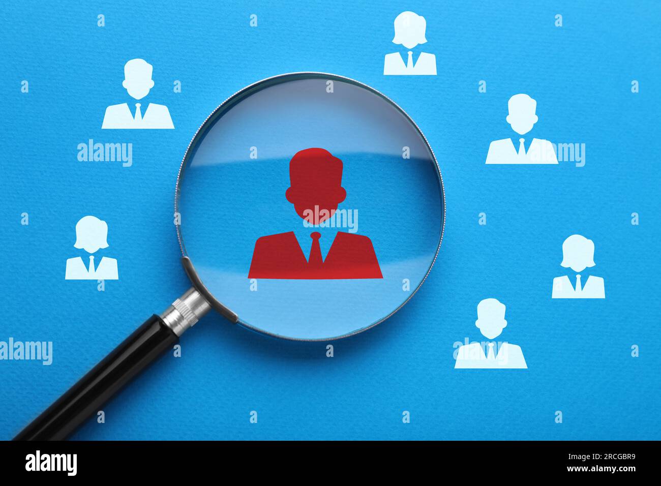 Red human figure among white ones on light blue background, top view ...