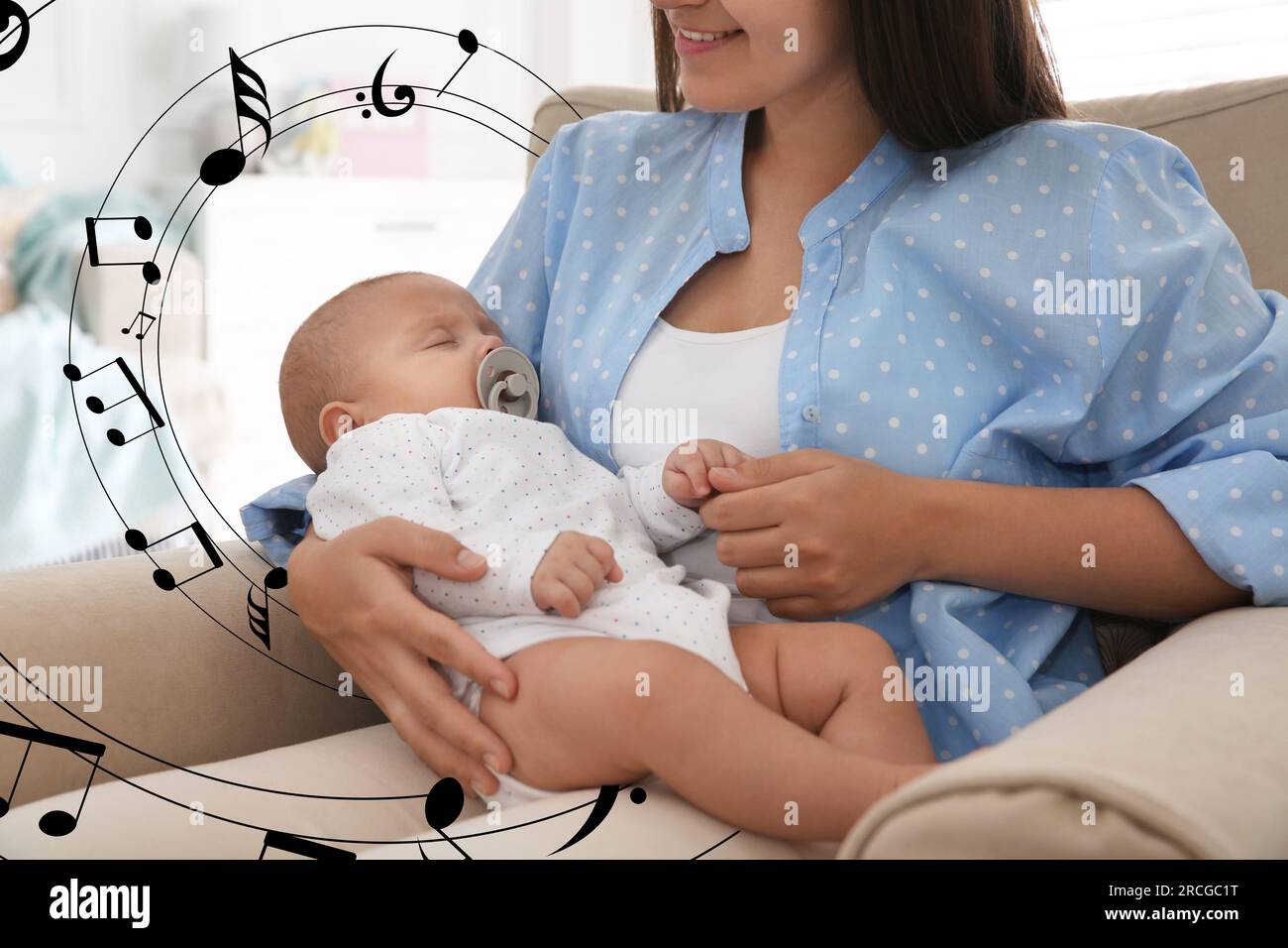 Mother singing lullaby to her baby at home. Illustration of flying ...