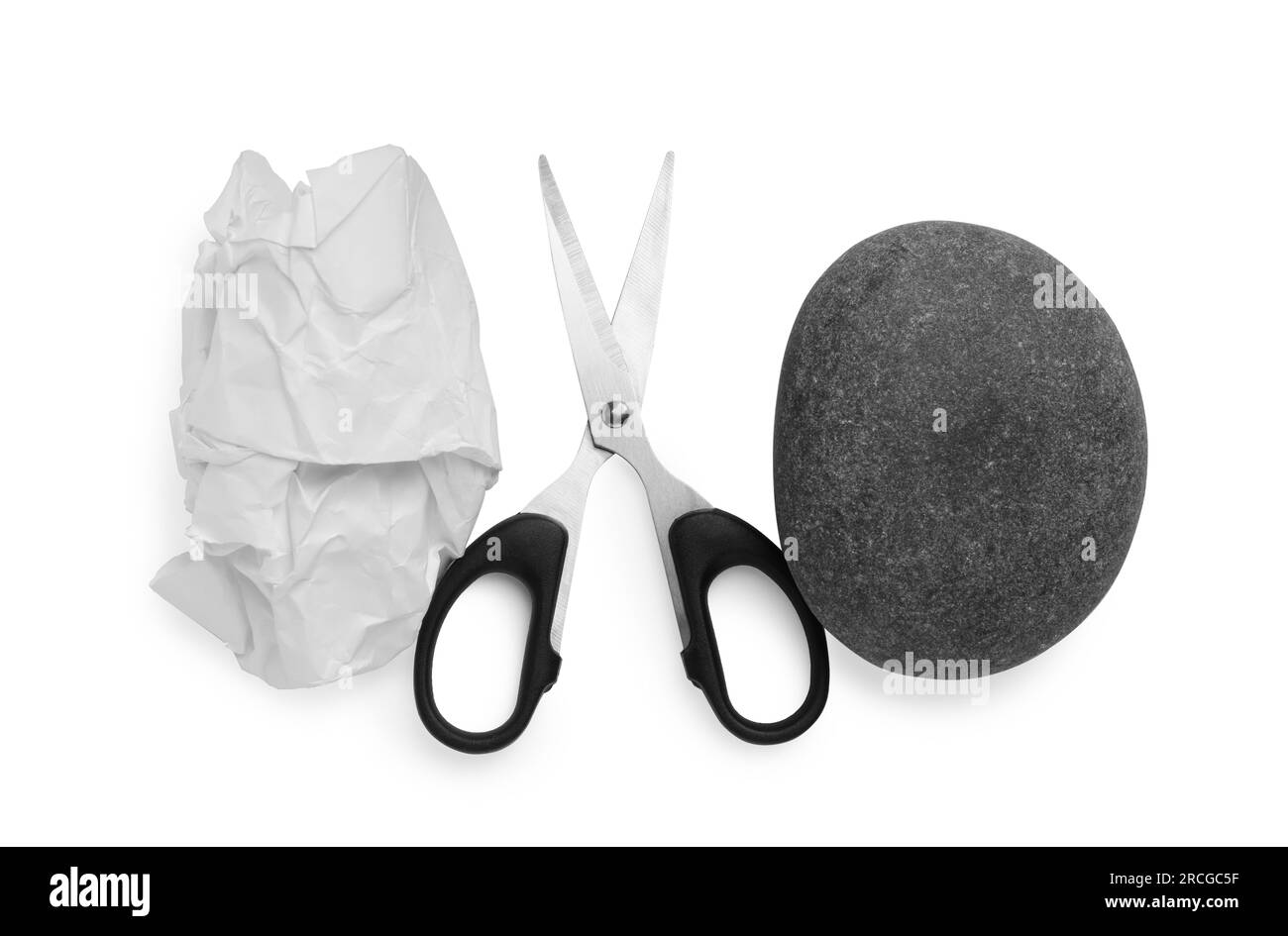 Rock, crumpled paper and scissors on white background, top view Stock ...