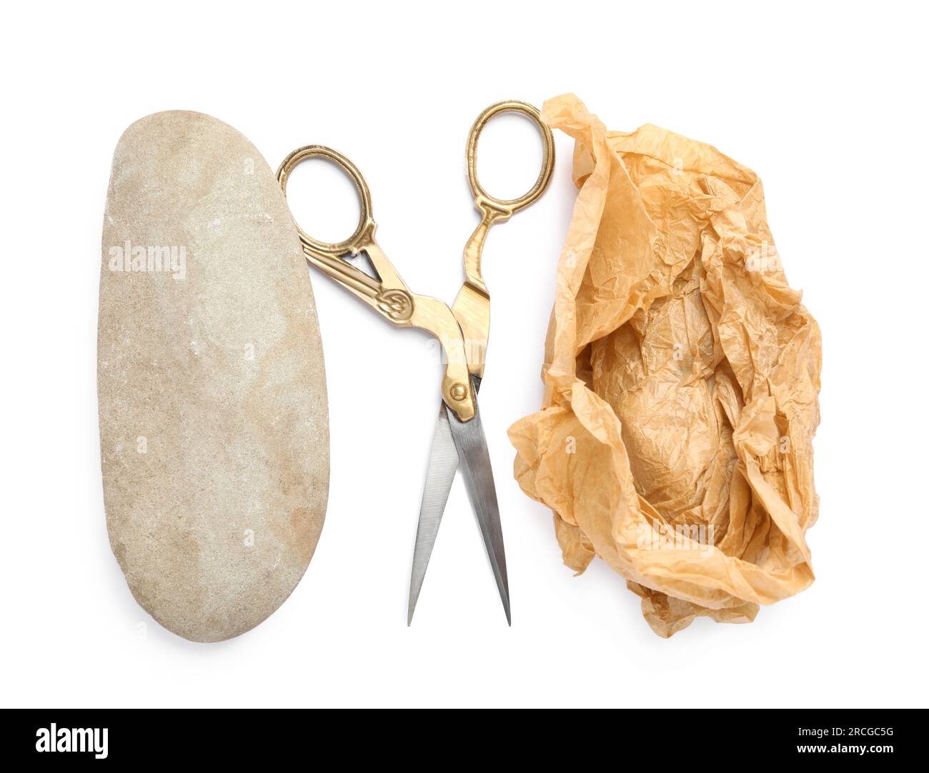 Rock, crumpled paper and scissors on white background, top view Stock ...