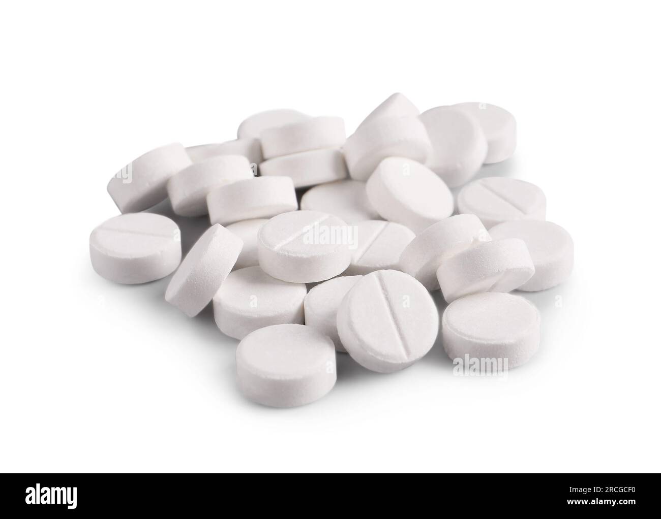 Pile of round pills on light grey background Stock Photo - Alamy