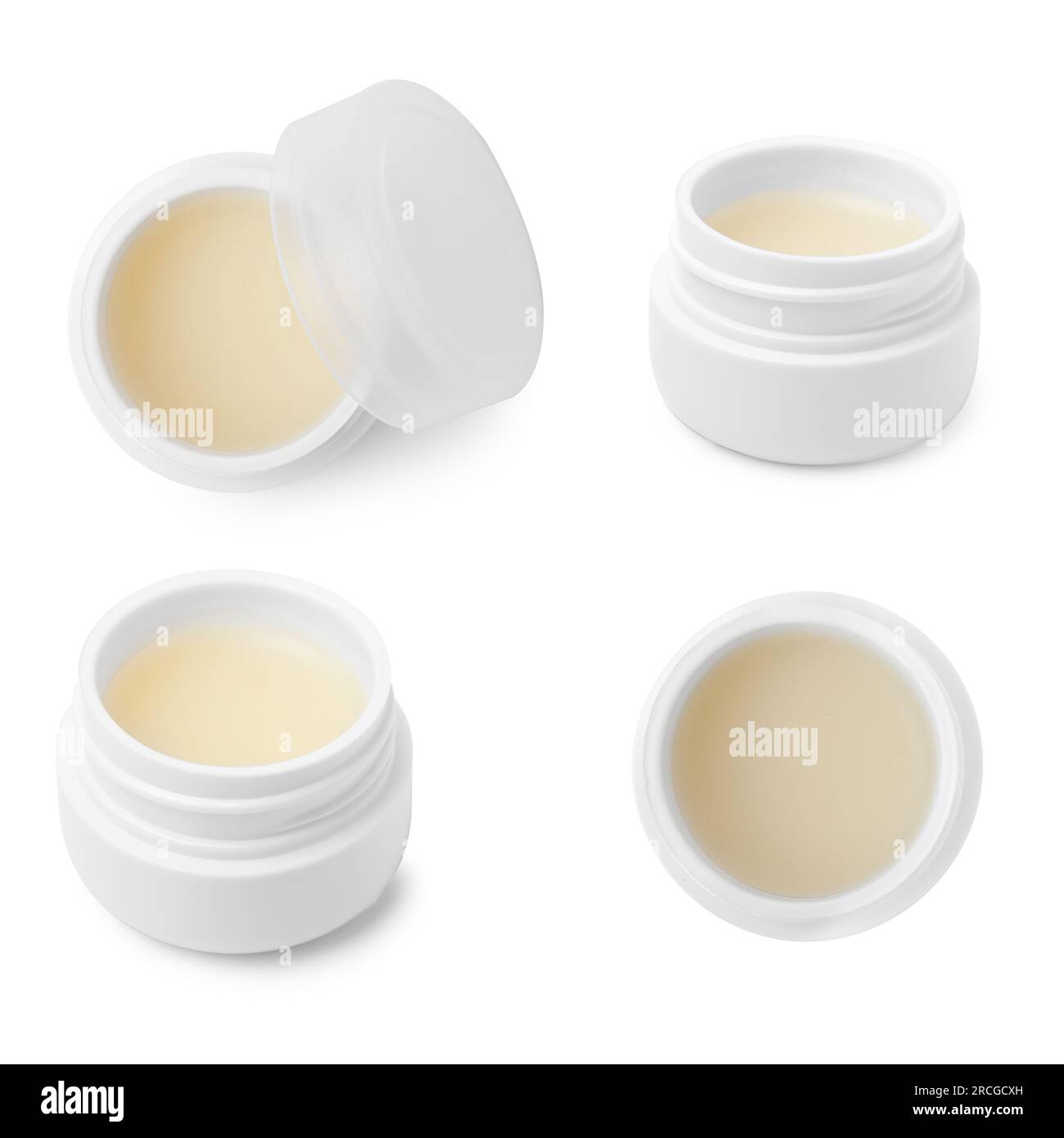 Collage with petroleum jelly in jars on white background, top and side ...